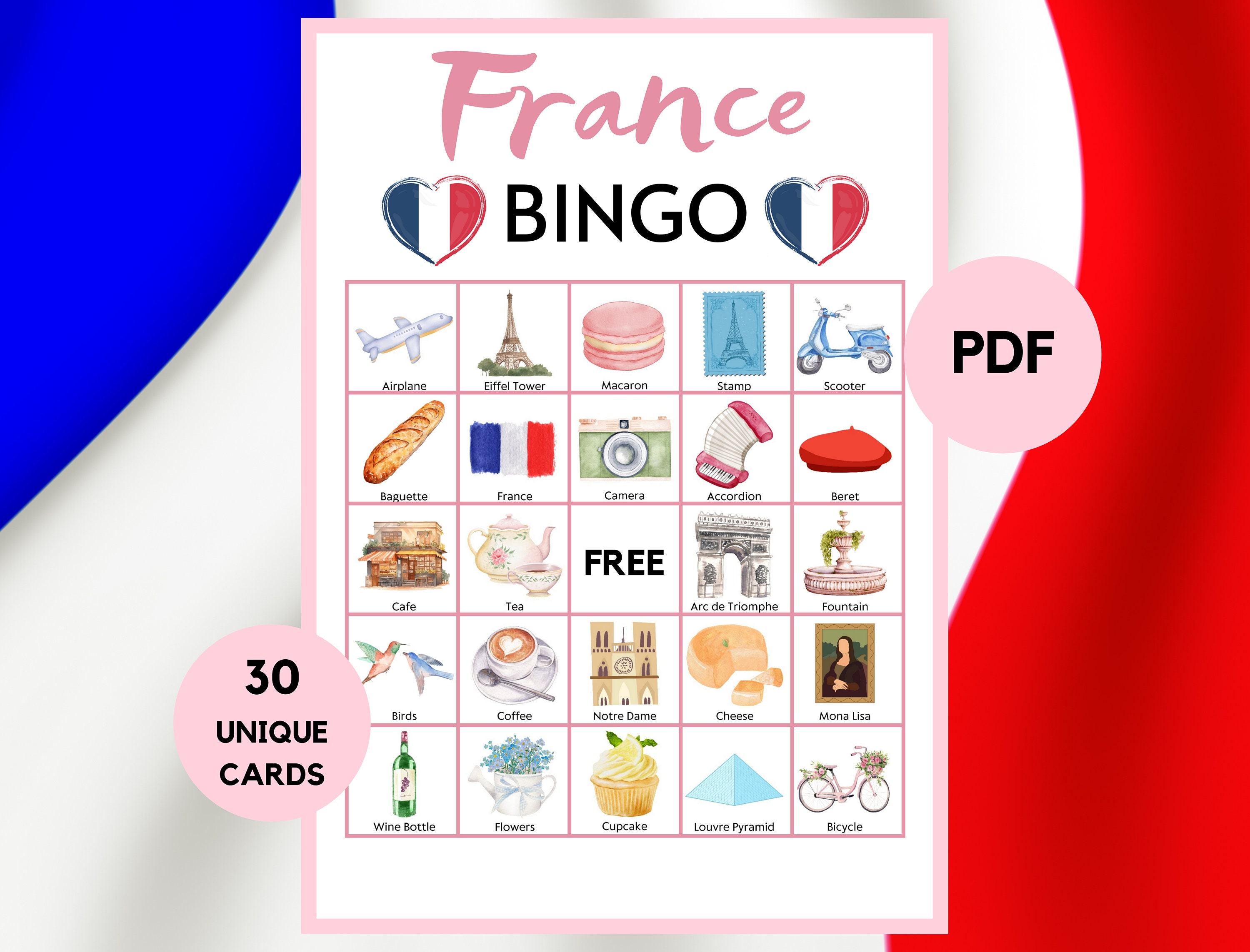 France Bingo - Travel Bingo - 30 France Bingo Cards - France Party Game ...