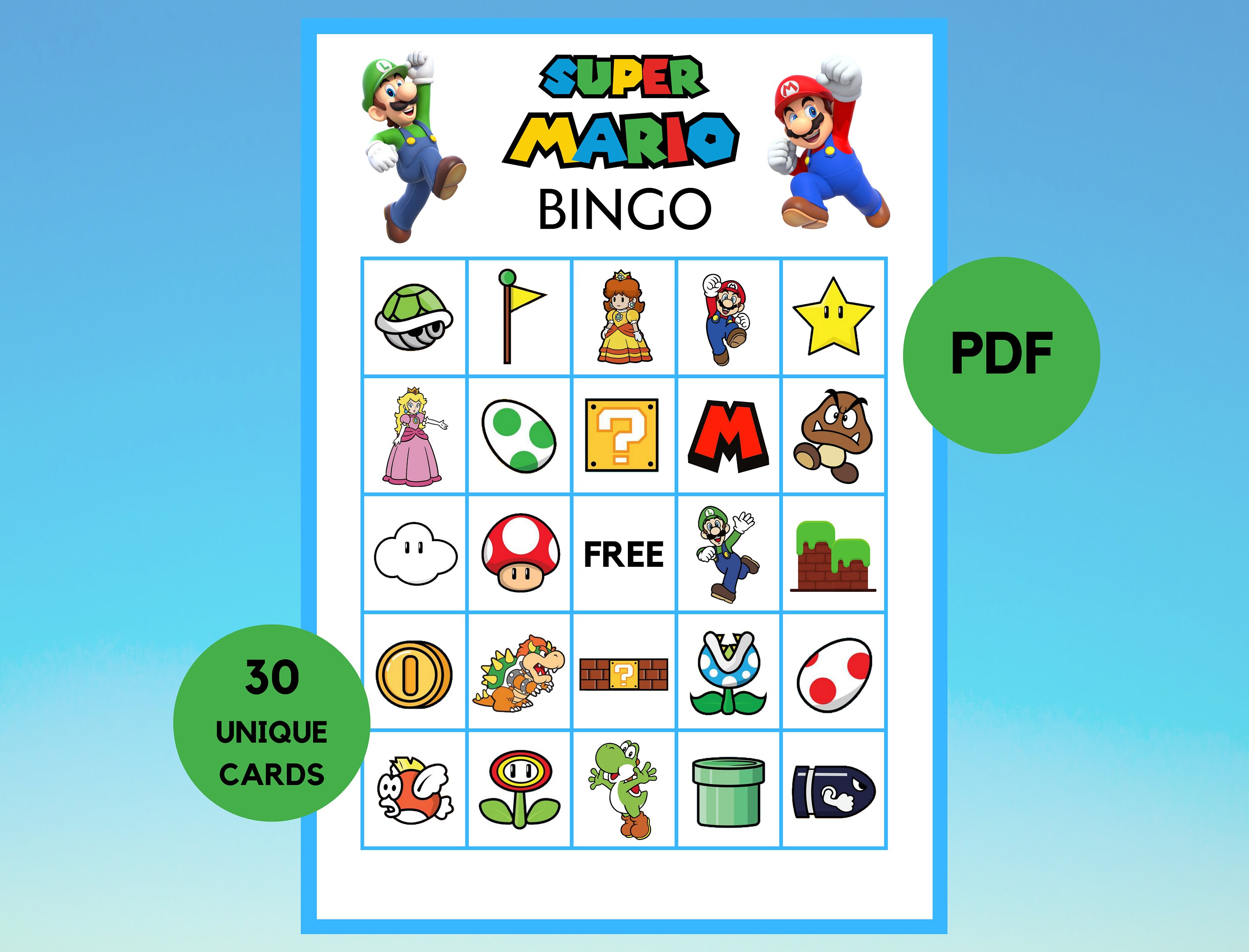 Super Mario Bingo 30 Super Mario Bingo Cards Super Mario Party Game ...