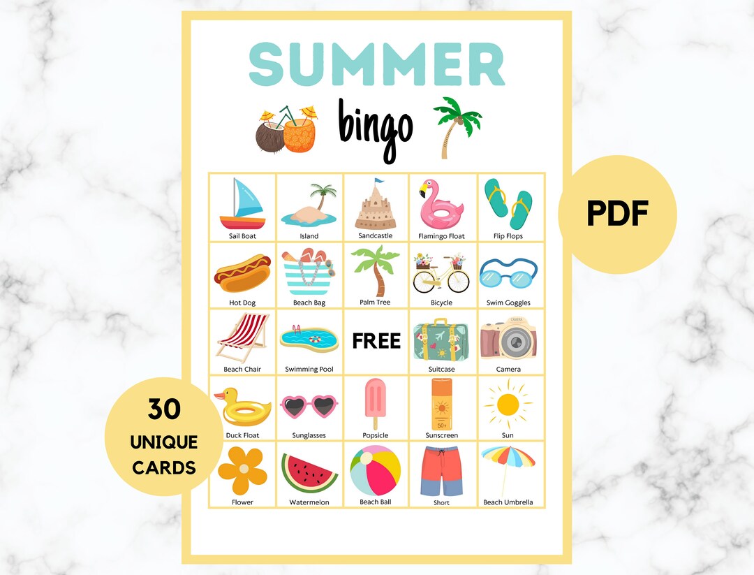Summer Bingo - Summer Activity- 30 Summer Bingo Cards - Summer Game ...