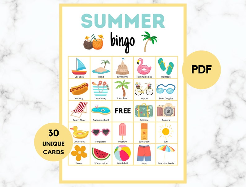 Summer Bingo - Summer Activity- 30 Summer Bingo Cards - Summer Game ...