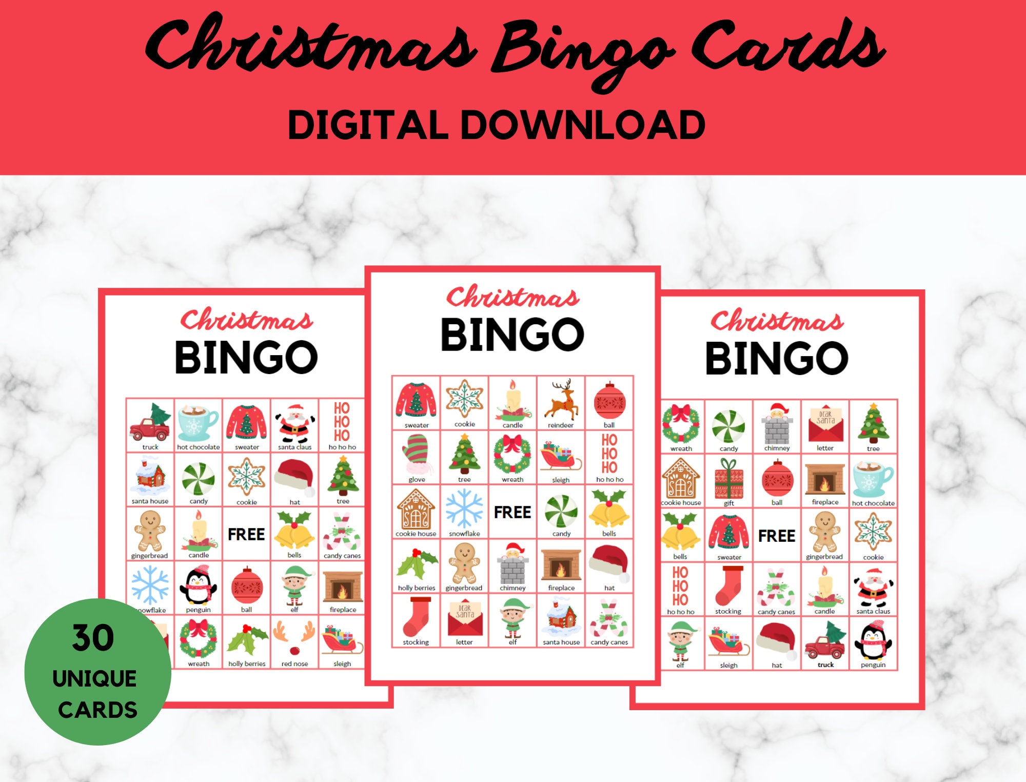 Christmas Bingo 30 Christmas Bingo Cards Christmas Party Game Christmas ...