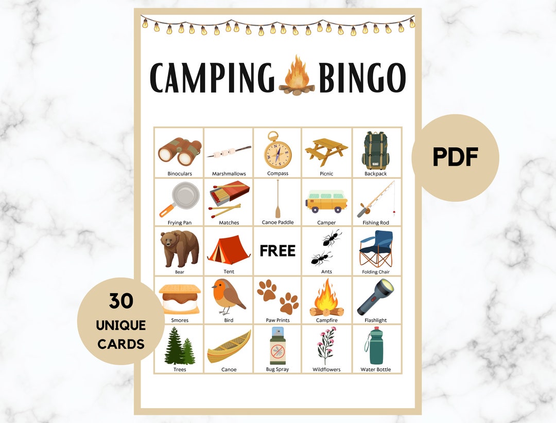 Camping Bingo - Campground Activity- 30 Camping Bingo Cards - Camping ...