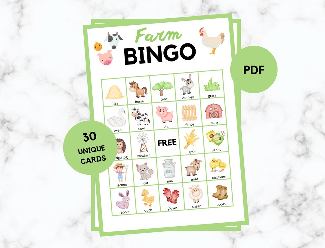 Farm Bingo - 30 Farm Bingo Cards - Farm Party Game - Farm - Farm Bingo ...