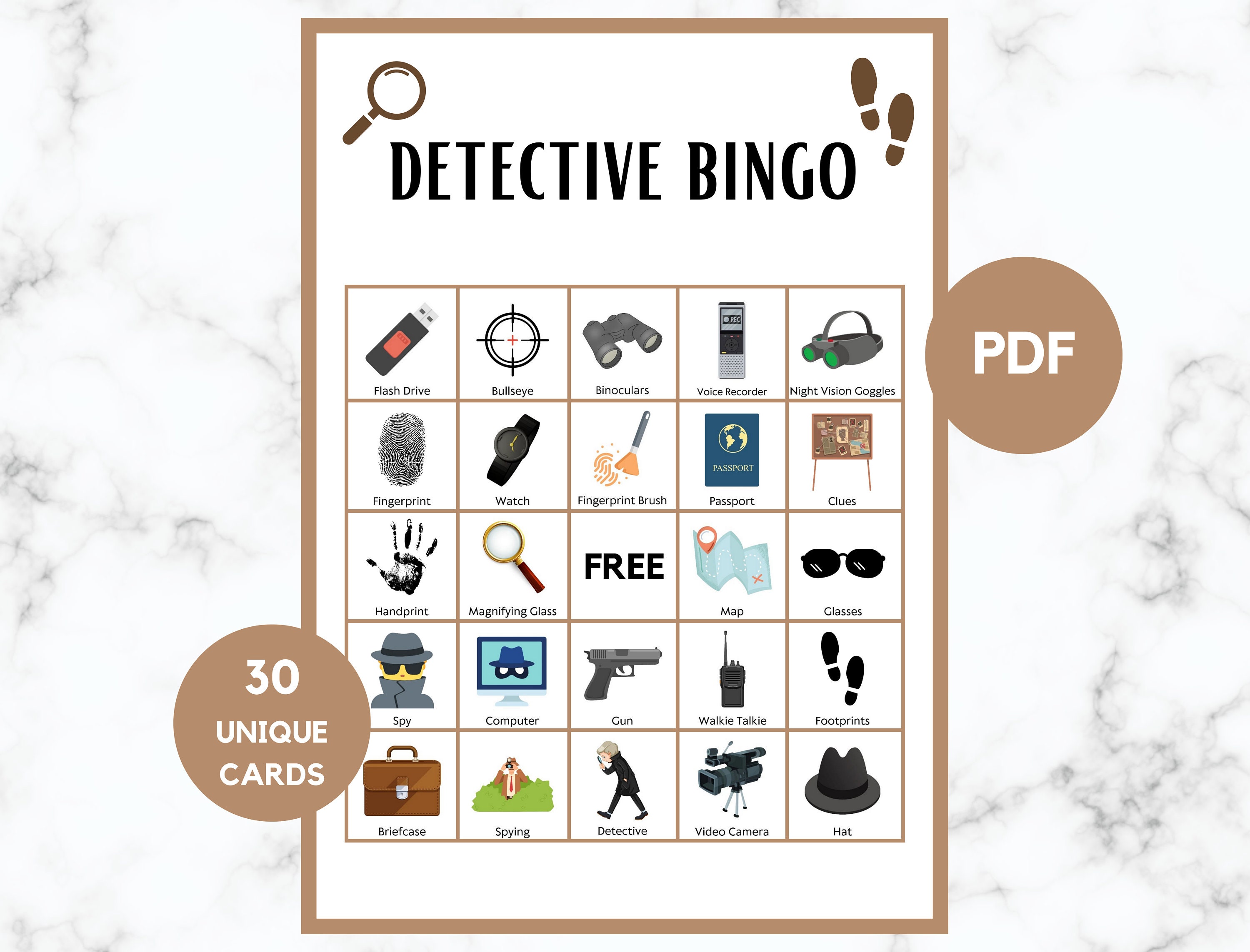 Detective Bingo - Spy Birthday Activity- 30 Detective Printable Bingo ...