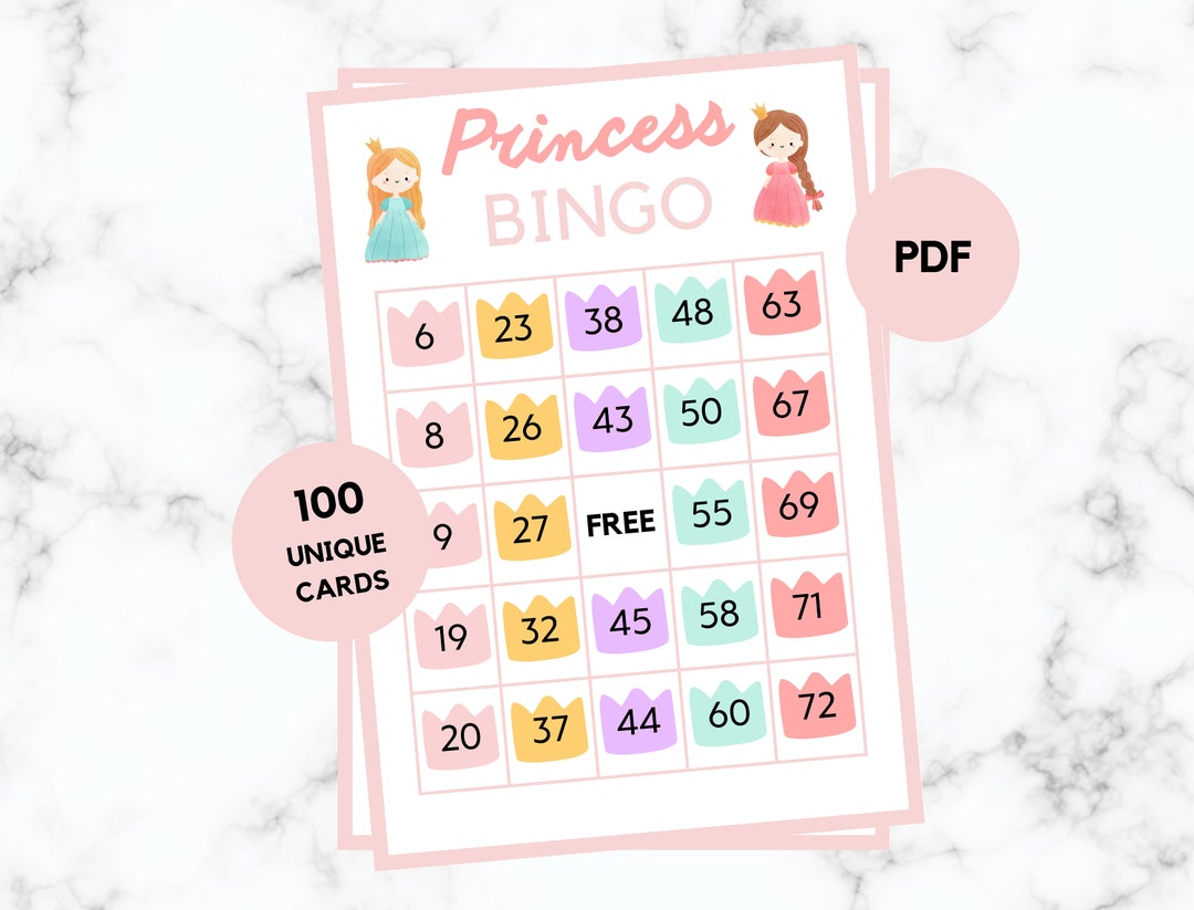 Princess Bingo - 100 Princess Bingo Cards - Princess Party Game ...