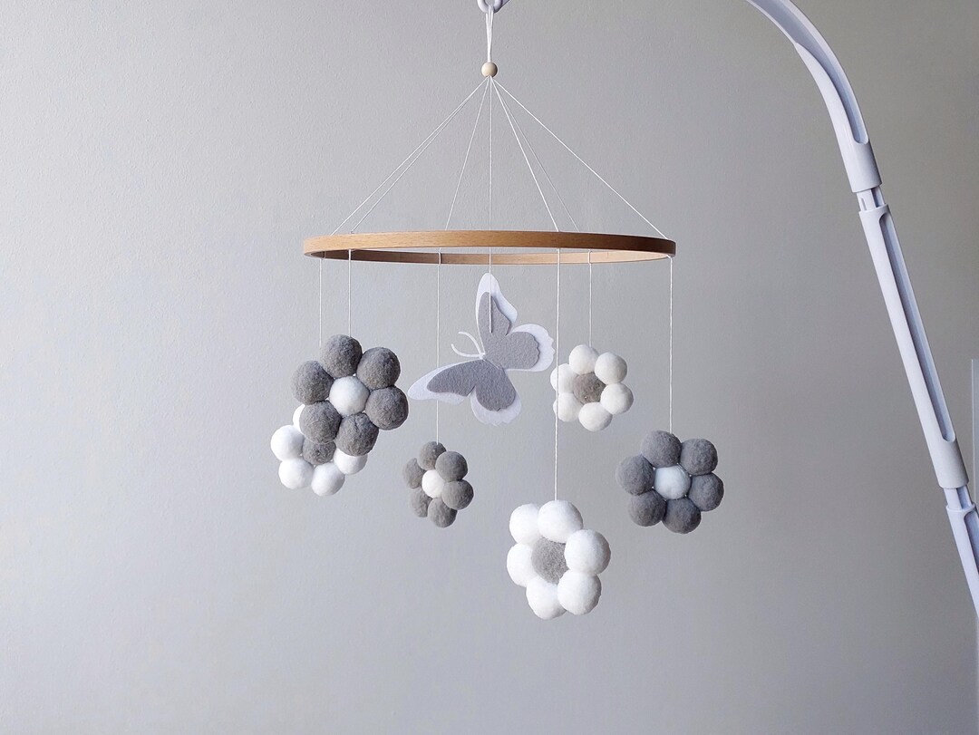 Gray White Butterfly Mobile - Neutral Baby Crib Mobile - Floral Nursery ...