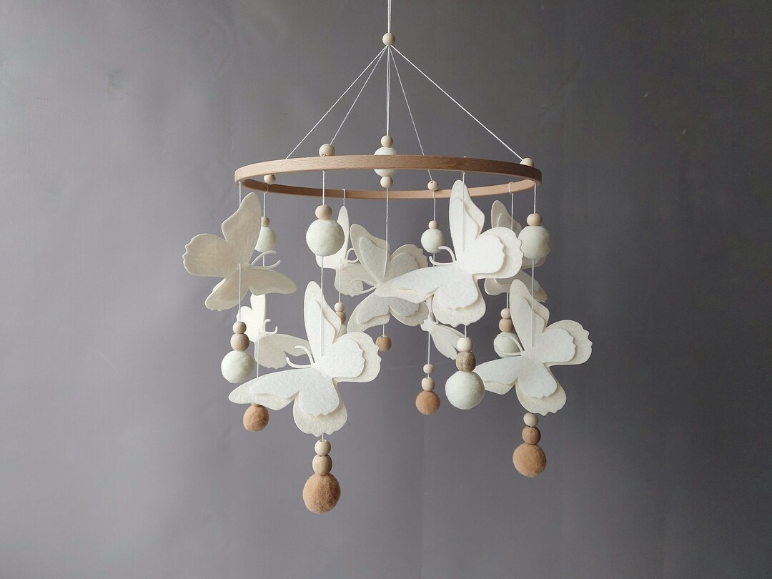 Butterfly Baby Crib Mobile Neutral Pom Pom Boho Musical Mobile Nursery ...