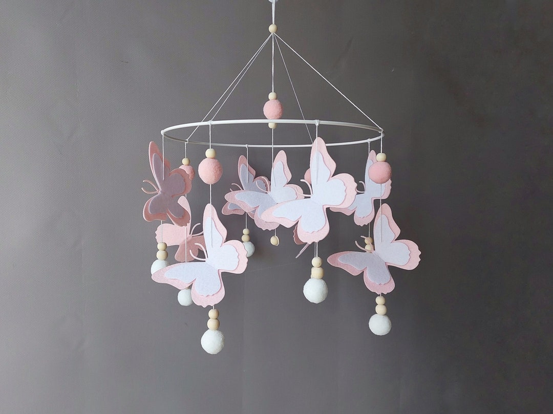 Butterfly Baby Mobile Girl Pink Crib Mobile Musical Bebe Nursery Pom ...