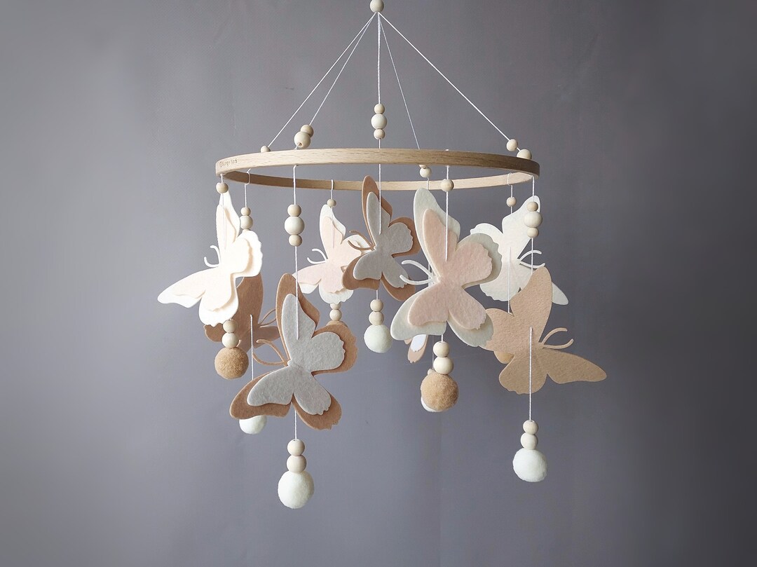 Butterfly Baby Crib Mobile Neutral Pom Pom Boho Musical Mobile Nursery ...
