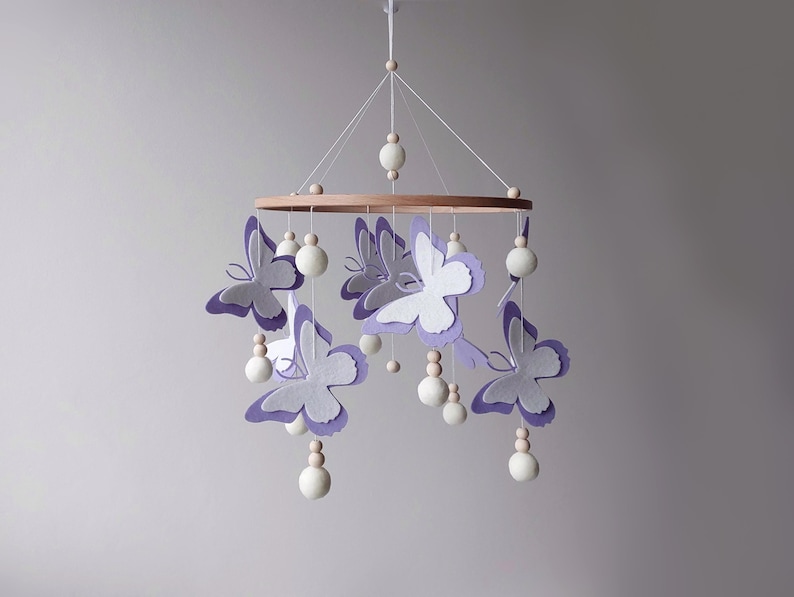 Baby Mobile With Butterflies — Beige and Pink Boho Style Pom Poms ...