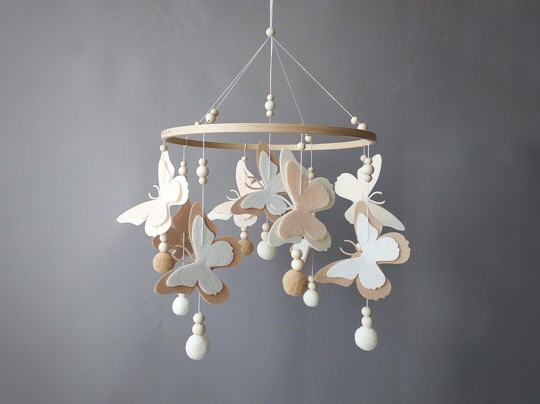 Butterfly Baby Mobile Neutral Crib Pom Pom Boho Mobile Musical Bebe ...