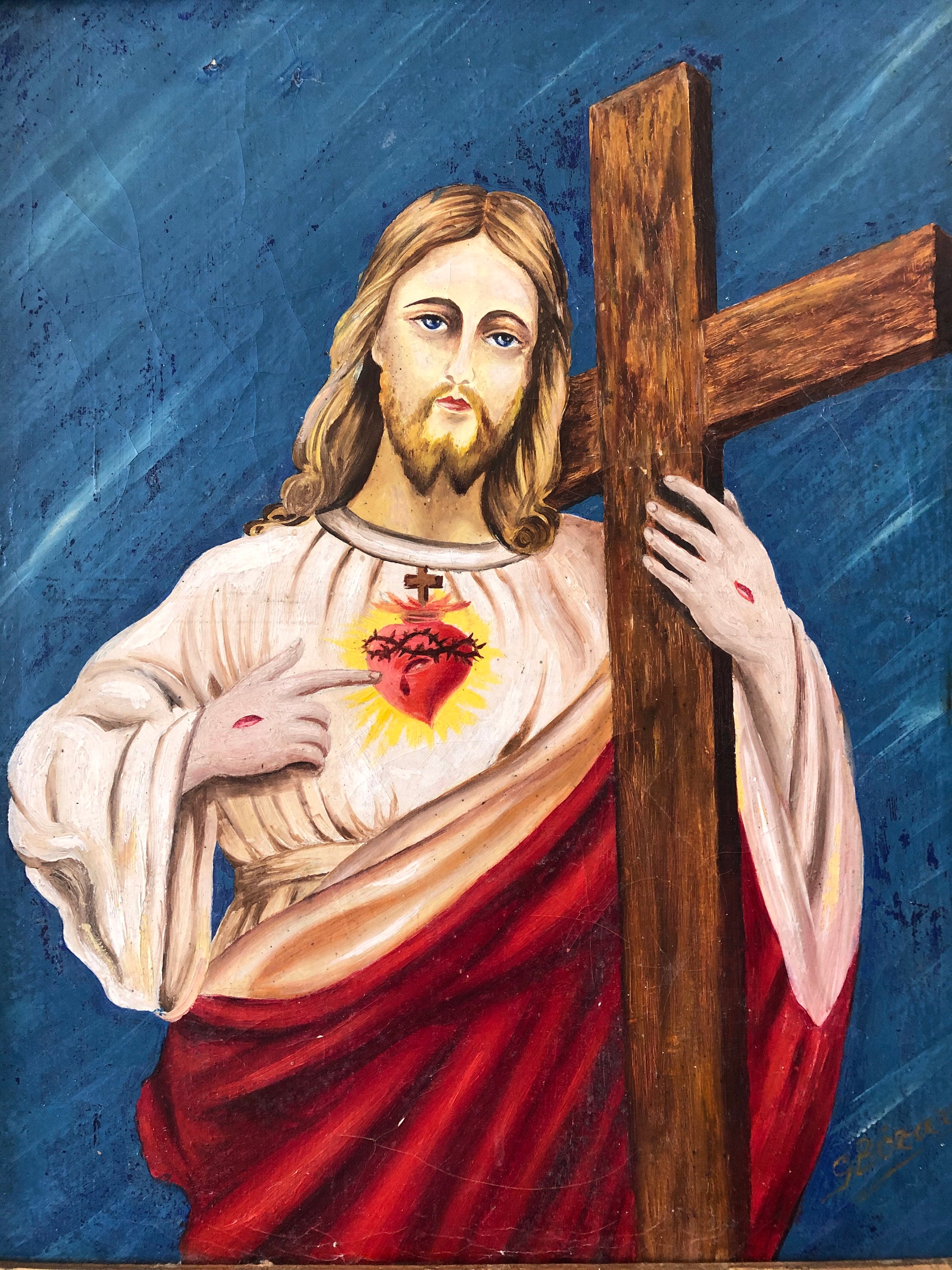 Early 20th Century Religious Jesus Bleeding Heart Signed Framed Oil ...