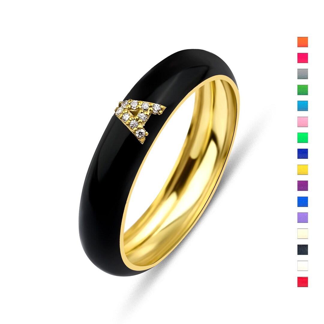 14k Real Gold Initial Ring Genuine Diamond Enamel Ring Full Enamel Band ...