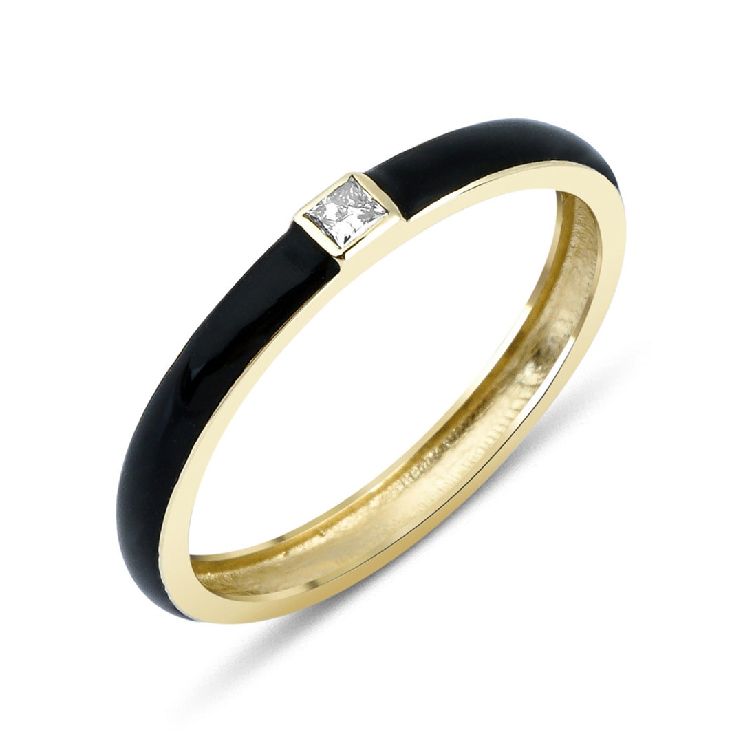Black Color Enamel Band Ring With Square Diamond Stylish Wedding Band ...