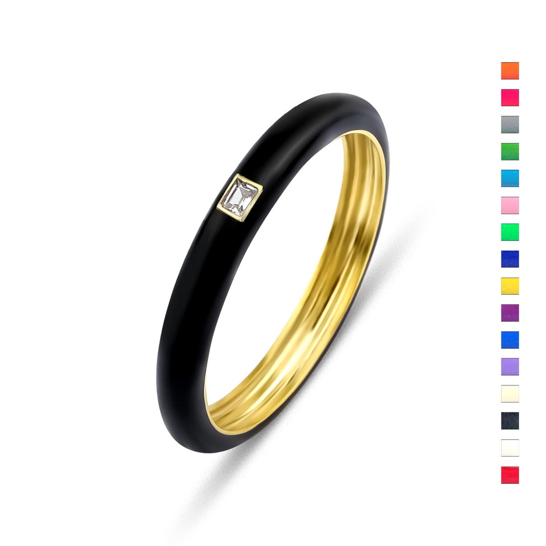 Horizontal Baguette Ring Enamel Band With 2mm Baguette Diamond 14k Real ...