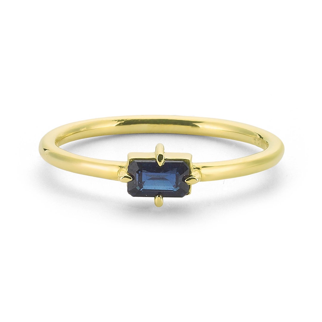 Sideways Rectangular Blue Sapphire Ring in Real Gold Dainty Horizontal ...