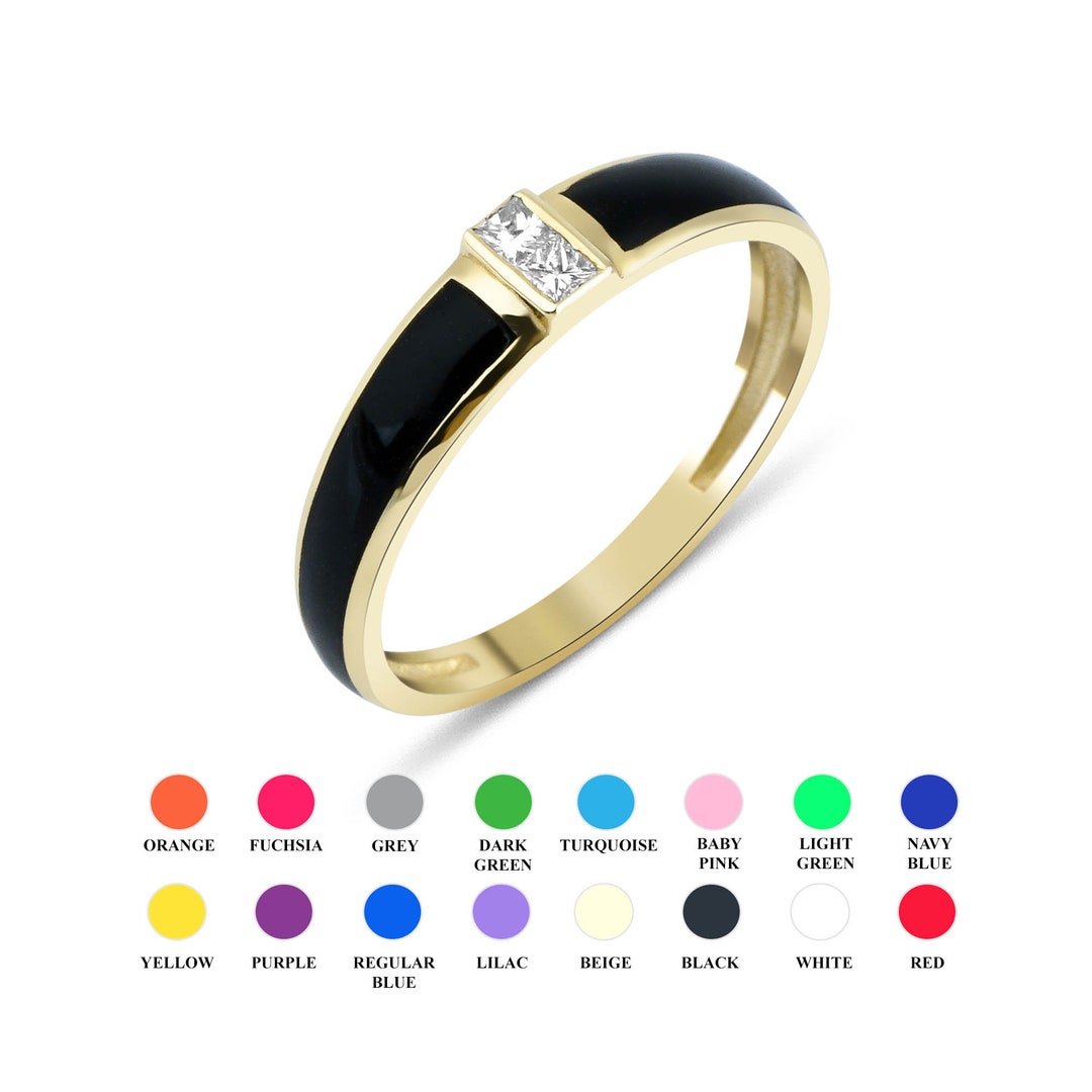 Colorful Enamel Ring in Real Gold With Square Cut Diamond 14k Real Gold ...
