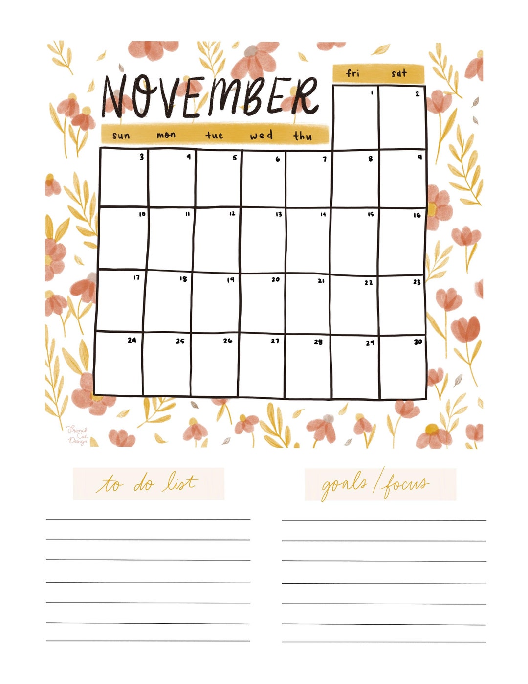 November 2024 Printable Calendar Digital Download Floral Fall Season ...