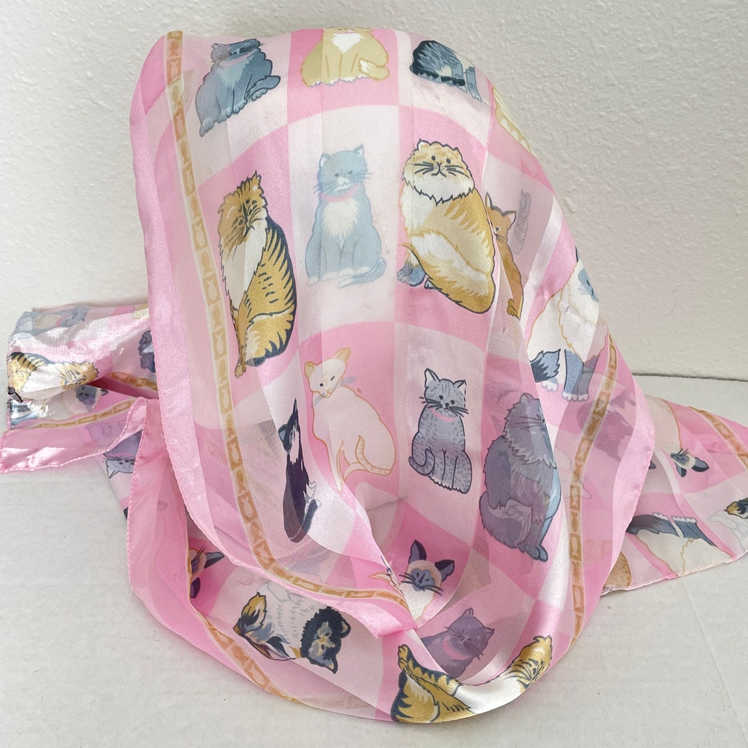 Cat Scarf, 1990s Kitty Vintage Cats Scarf, Pink Womens Scarf, Crazy Cat ...