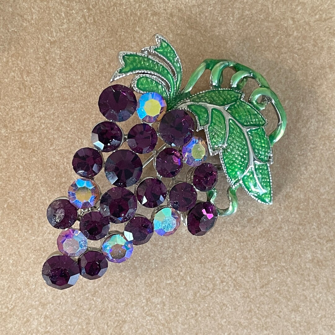 Grape Cluster Brooch, Purple Rhinestone Iridescent AB Aurora Borealis ...