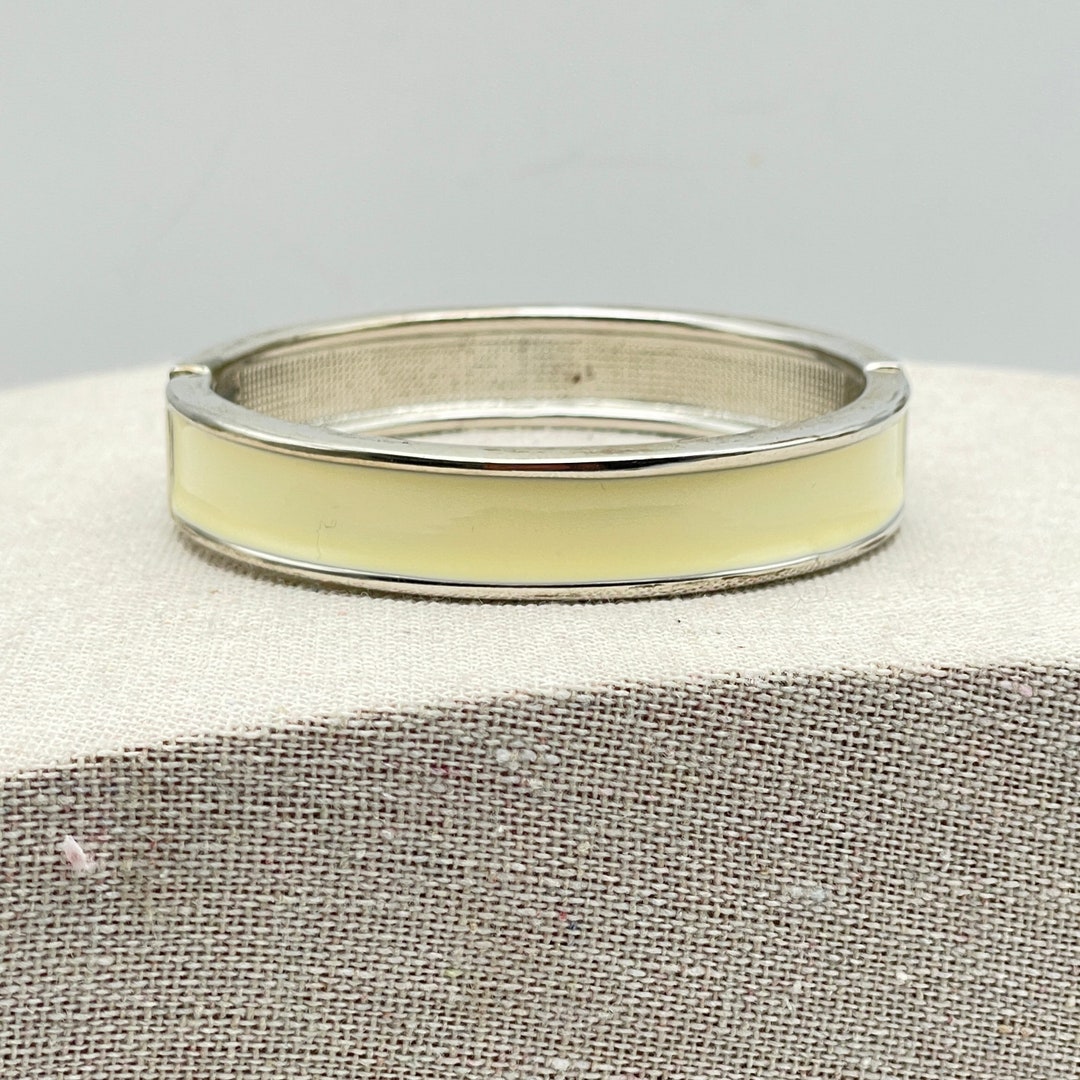 Creamy Lime Yellow Enamel Cuff Clamper Bracelet on Silver Tone Metal ...