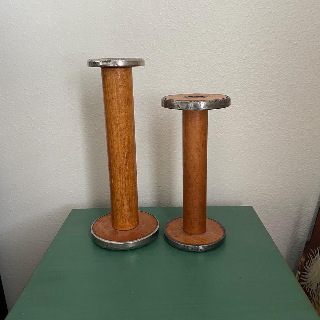Set of 2 Vintage Wooden Spools, Industrial Textile Bobbins, Rustic ...