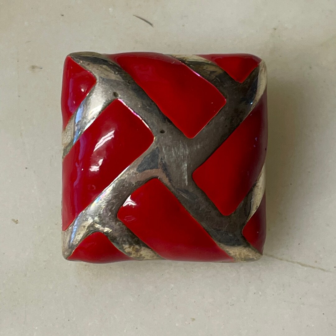 MJ Red Enamel and Silver Tone Square Pin Brooch Pendant, Signed MJ ...