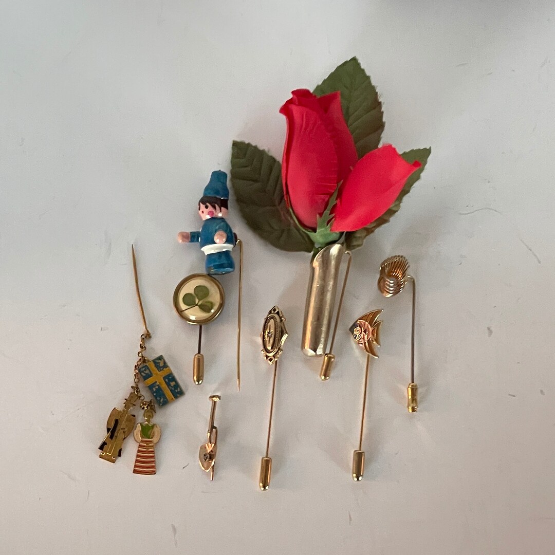 Lot of 8 Stick Pins, Includes Avon Kensington, Clover, Rose, Fish ...