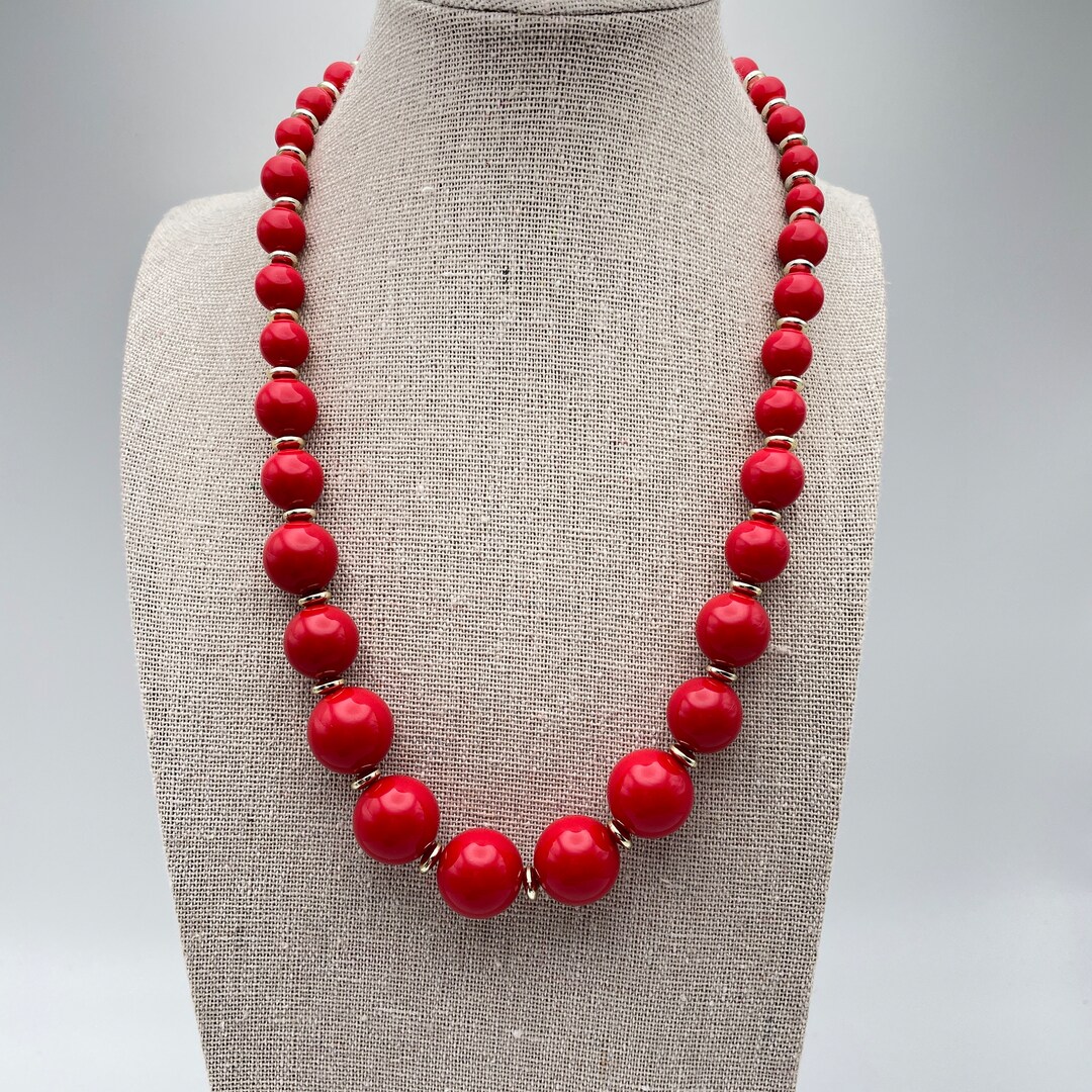 Red Bead Necklace, Red Round Bead and Gold Tone Spacer Gradated Neck ...