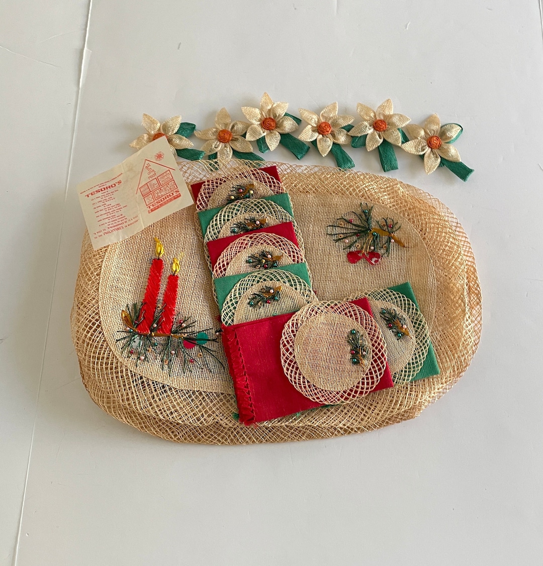 Woven Rafia Straw Lace Oval Placemats Matching Coasters and - Etsy