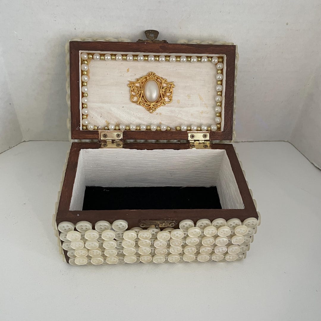 Button Hinged Wooden Trinket Box 5" X 3 X 3" Rectangle Shaped, Sewing ...