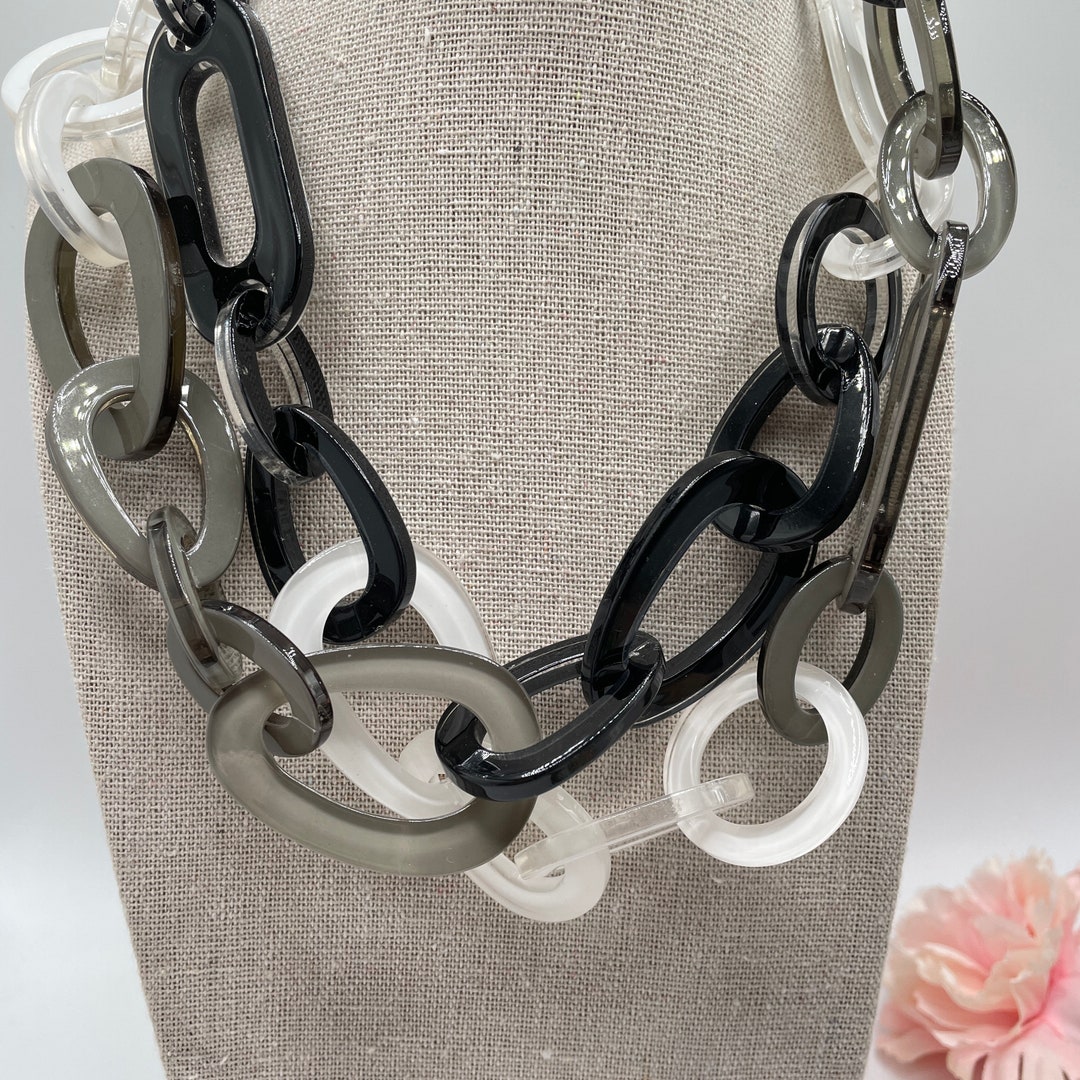 Lucite Link Necklace, Long Statement Chain Necklace With Flat Oval ...