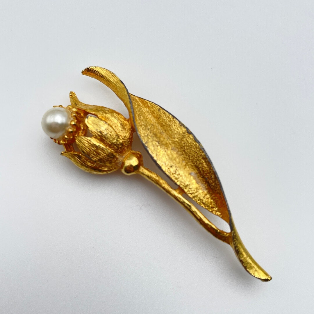 Vintage Gold Tone Tulip Brooch With Faux Pearl, Floral Pin Costume ...