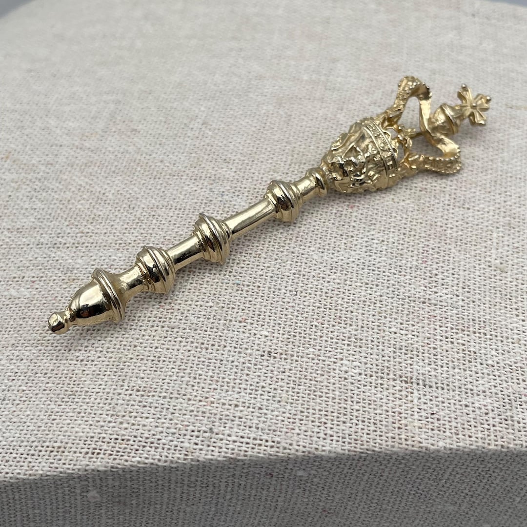 Scepter Crosses Crown Brooch, Royal Crown Scepter Staff Gold Tone ...