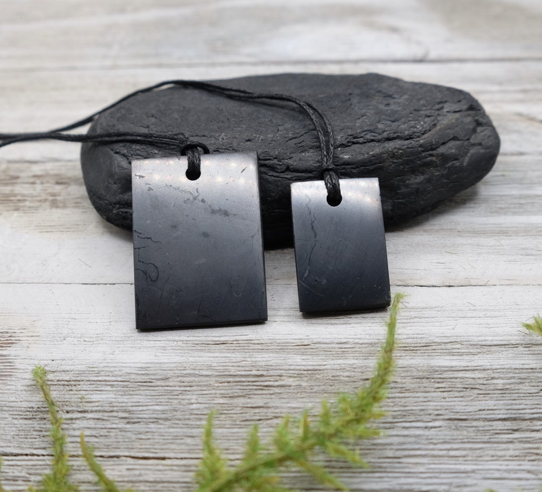 Flat Rectangle Shungite Pendant Minimalist Black Cotton Cord Necklace EMF 5G Protection 30mm or ...