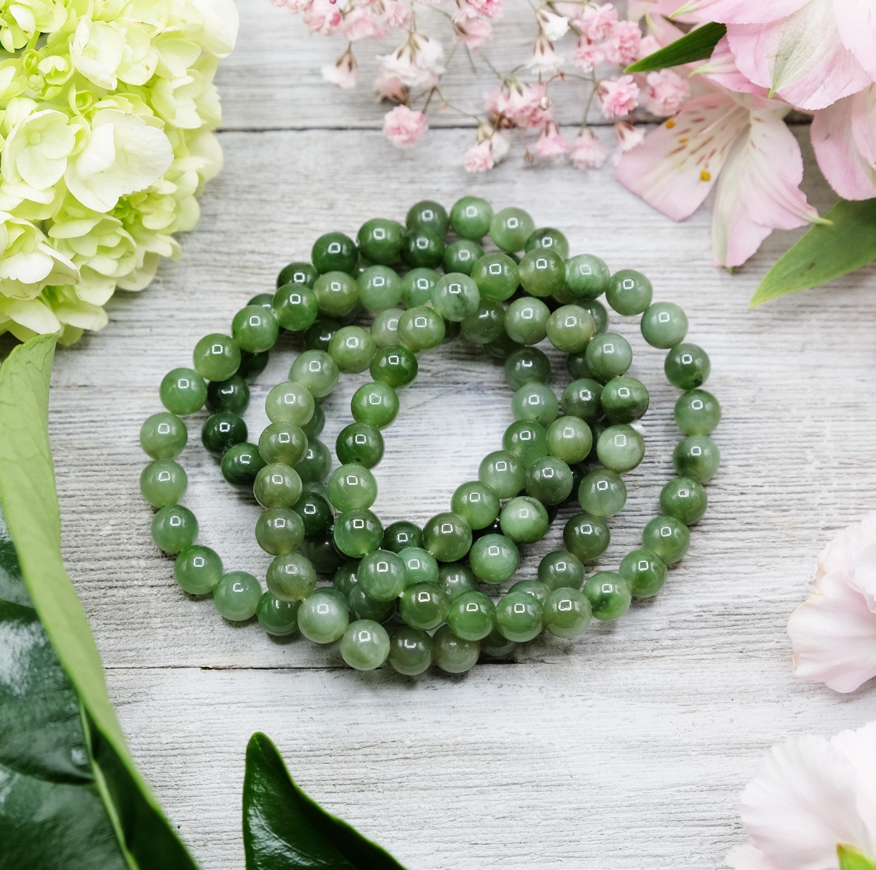 Chatoyant Icy Siberian Nephrite Stretch Bead Bracelets Natural ...
