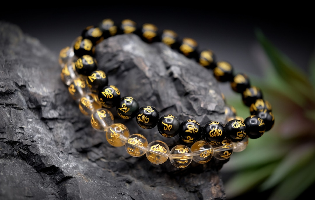 Tibetan Om Engraved Clear Quartz or Rainbow Obsidian 6, 8, 12mm Bead ...