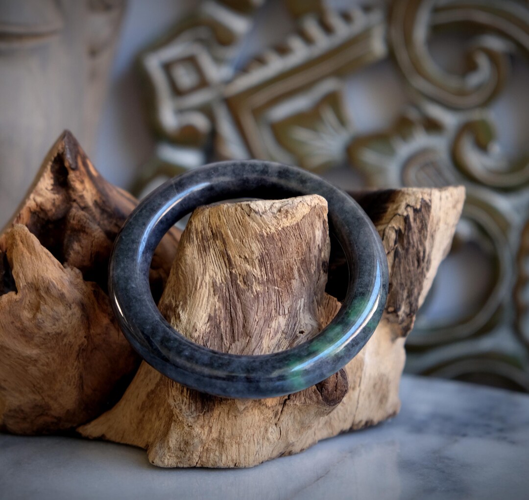 56 X 11 Black Jadeite Bangle With Green {burmese} 11mm Thick Princess ...