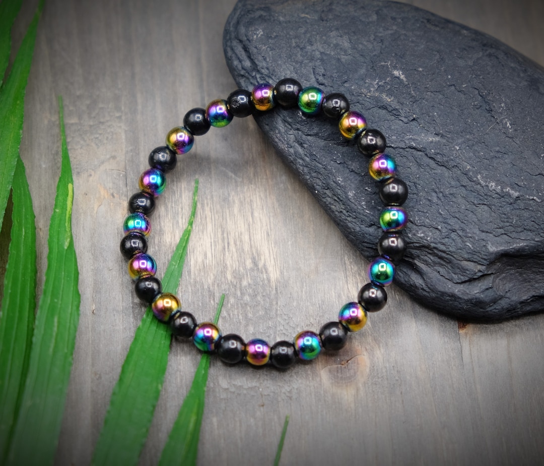 Shungite + Hematite Healing Bracelet 4mm, 6mm, 8mm Rainbow Aura ...