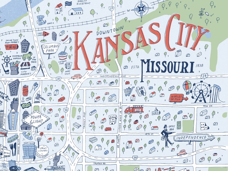 Illustrated Map of Kansas City - Downtown - Etsy