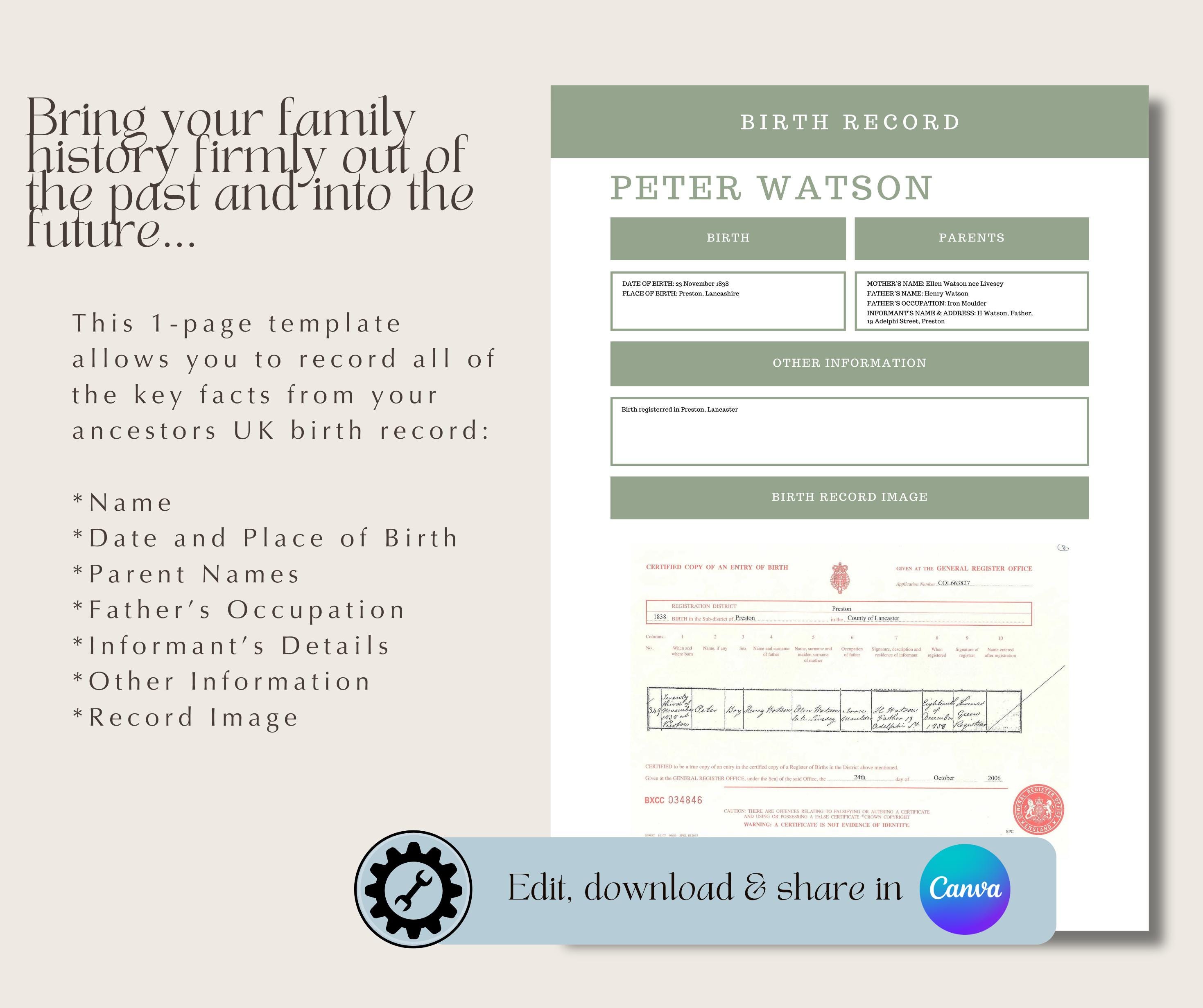 Family History | Genealogy Printable Editable Page | UK Birth Record ...