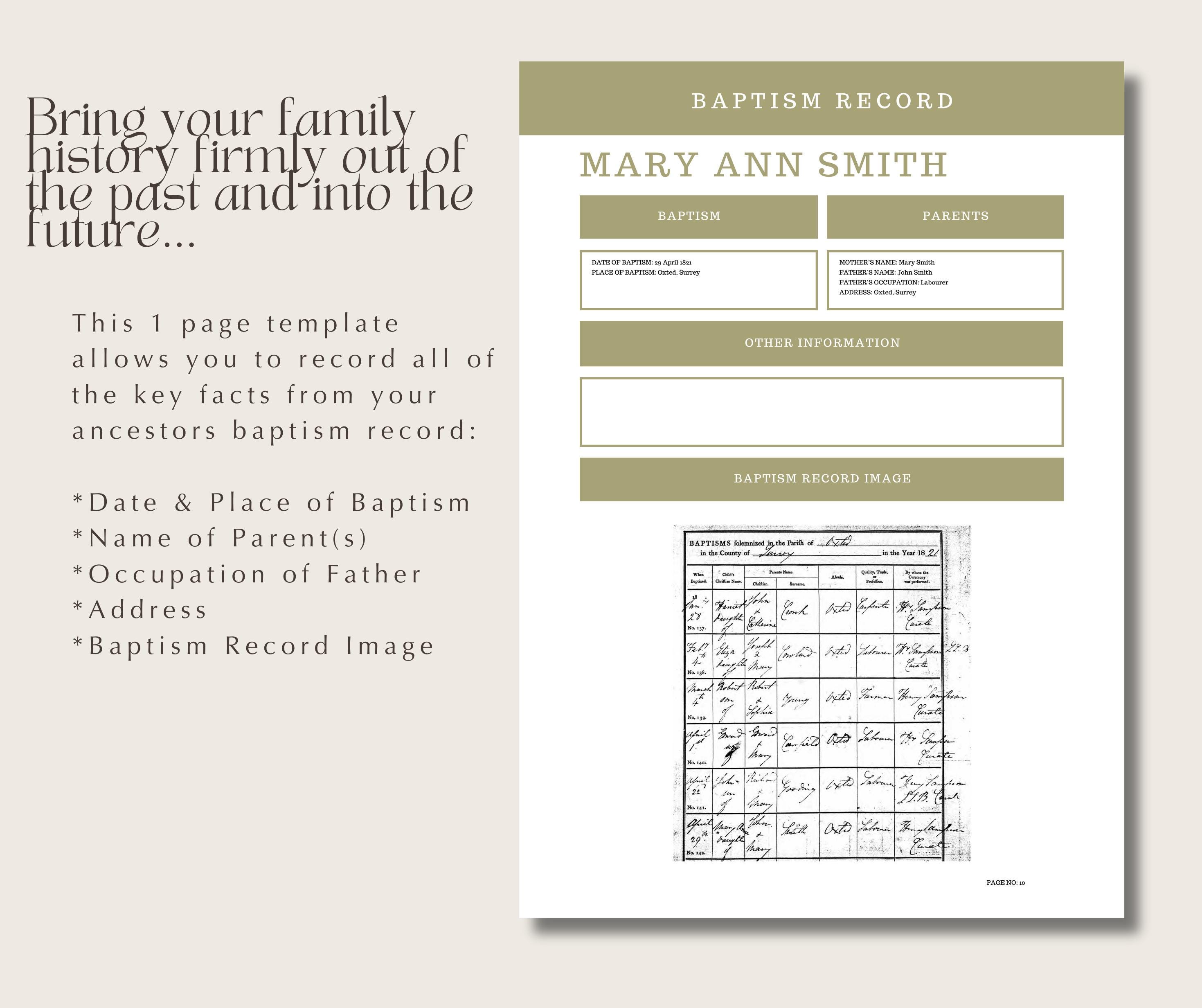 Family History | Genealogy Printable Editable Page | UK Baptism Record ...