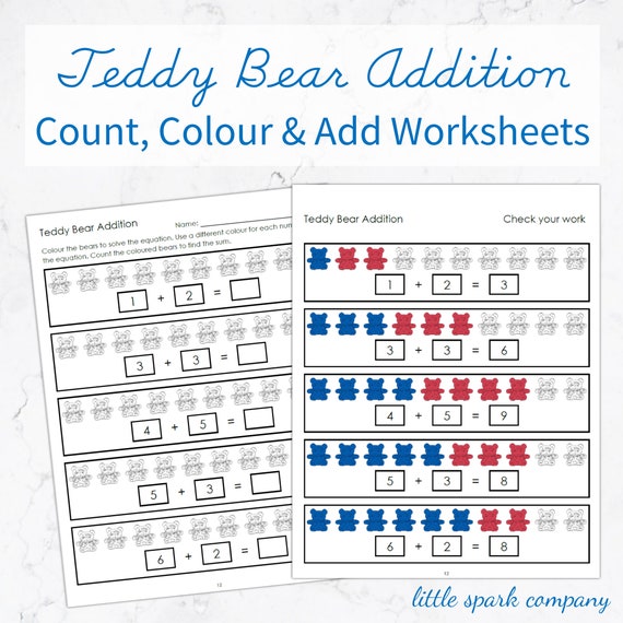 Teddy Bear Count Colour and Add Worksheet Set Sums 1-10 | Etsy