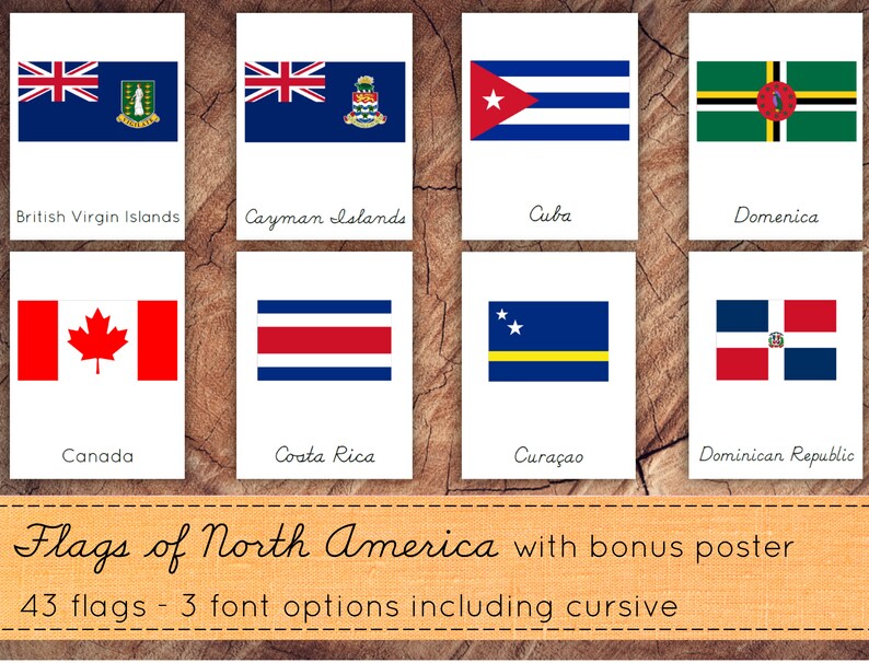 Flags of North America 3-part Cards Montessori Nomenclature | Etsy