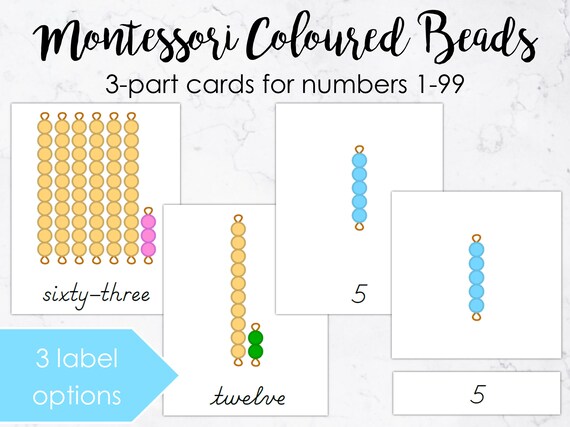 Montessori Coloured Beads 3-Part Cards Numbers 1-99 | Etsy