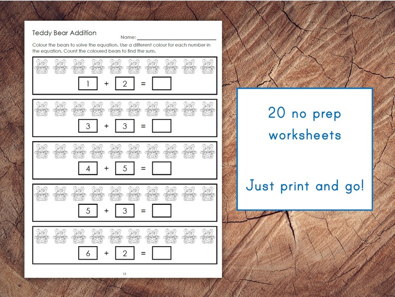 Teddy Bear Count Colour and Add Worksheet Set Sums 1-10 - Etsy