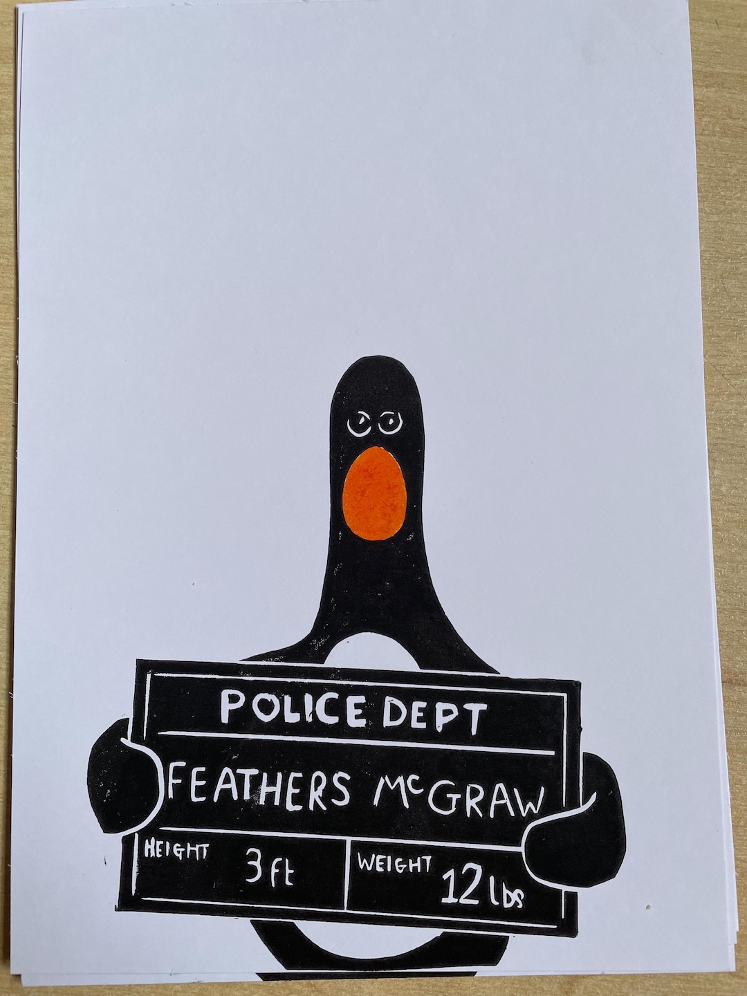Wallace and Gromit’s Feathers Mcgraw Mugshot Lino Print - Etsy UK