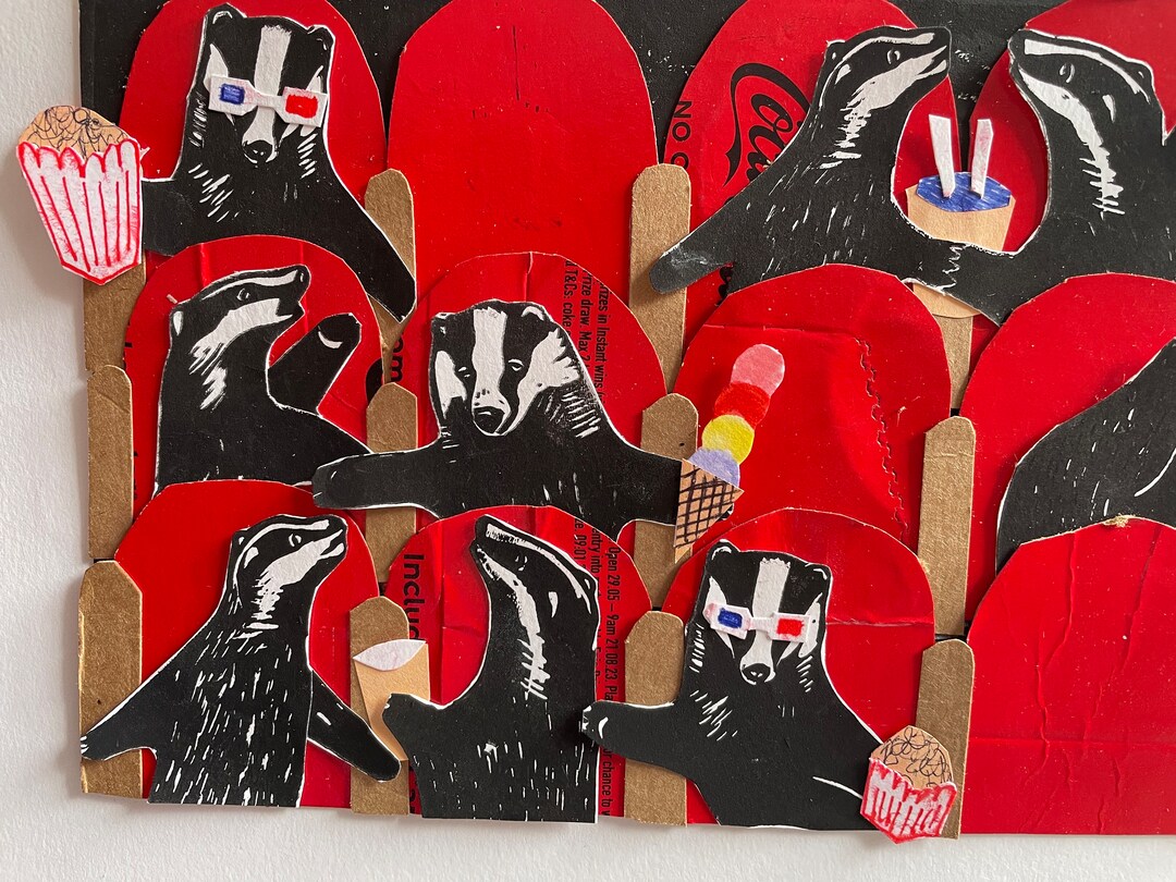 Lino Print Collage: Badgers at the Cinema - Etsy