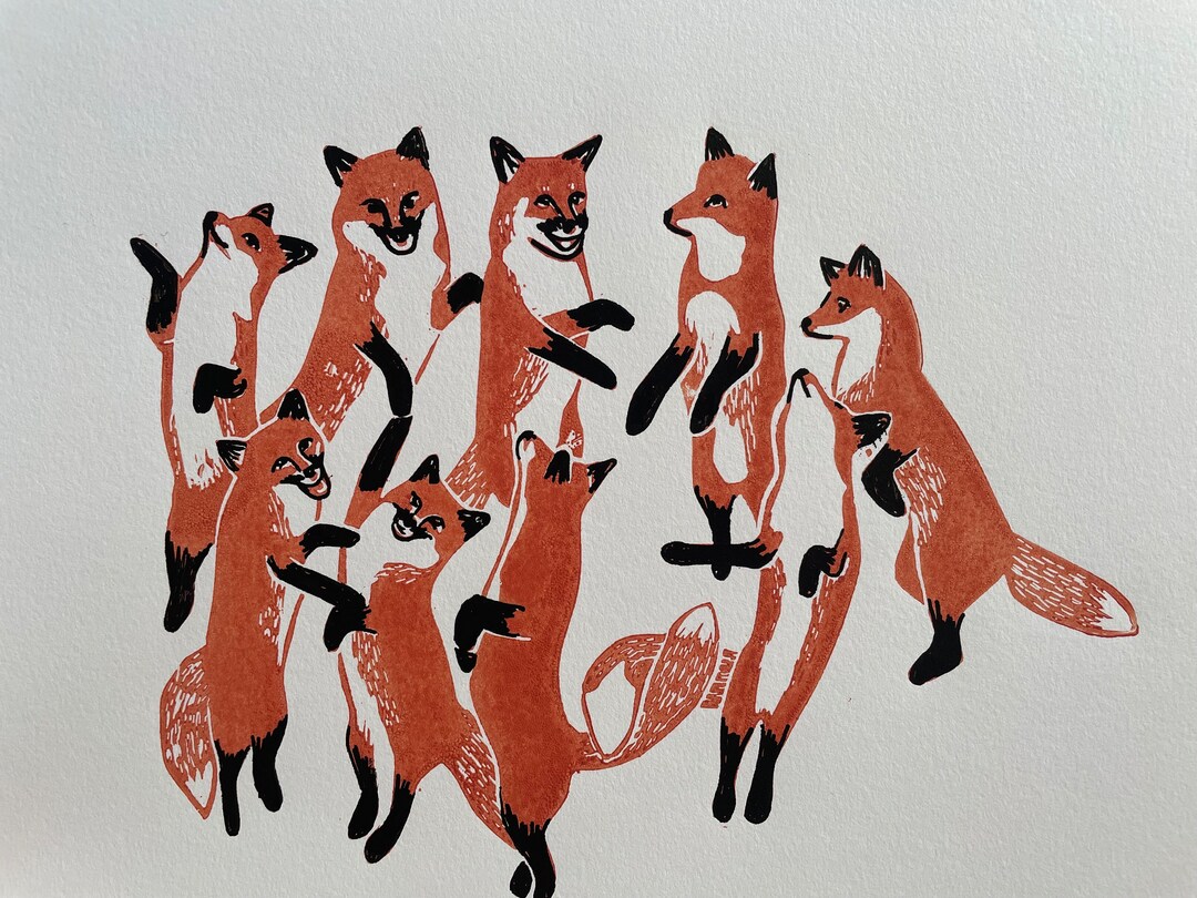 Dancing Red Fox Party Lino Print - Etsy