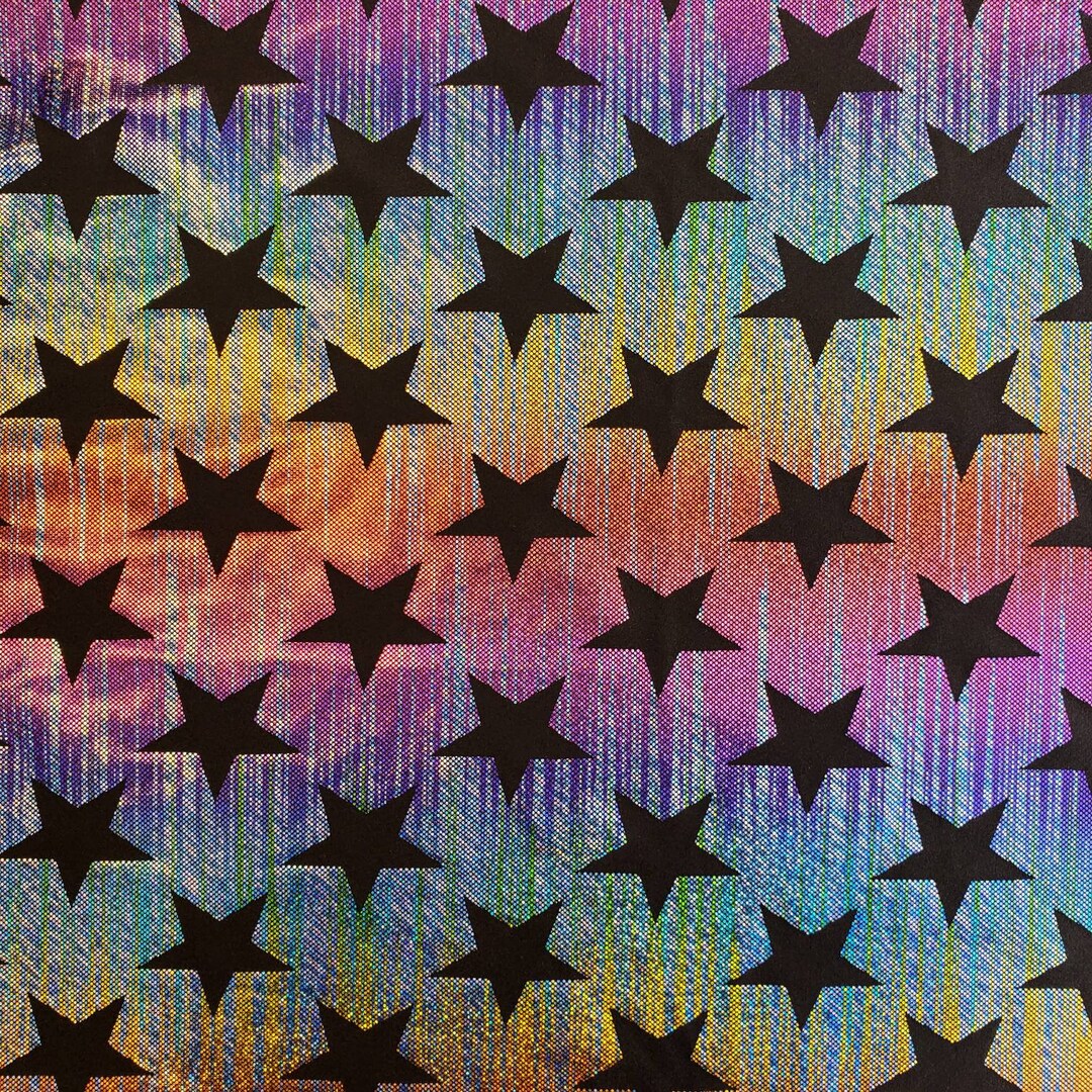 Rainbow Star Bright Foil on Black, 4-way Stretch Fabric Nylon Spandex ...